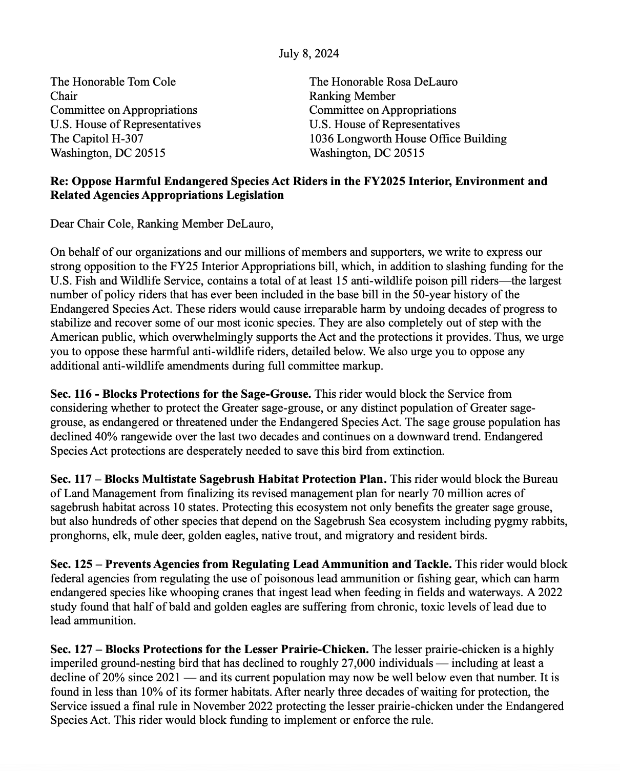Letter Opposing ESA Riders in FY2025 Appropriations Legislation